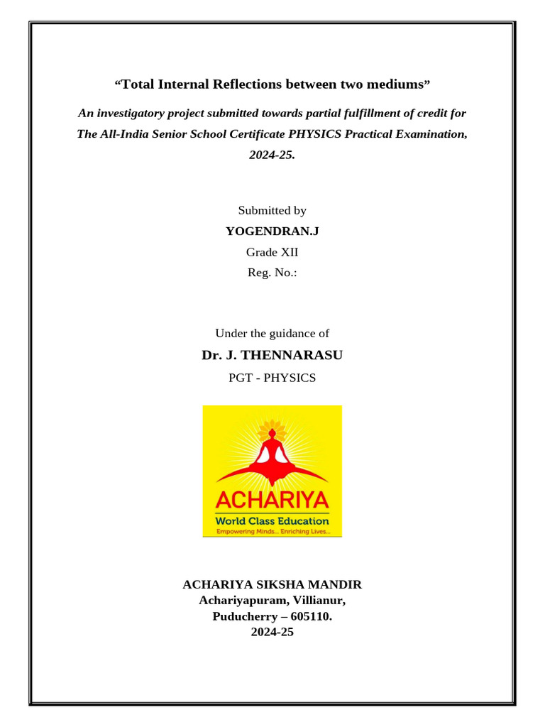 Physics Project Front Pages | PDF | Refraction | Reflection (Physics)