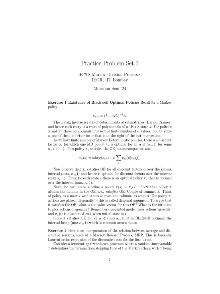 Practice Problem Set 3 IE - 708 - MDP - July24 | PDF | Markov Chain | Matrix (Mathematics)