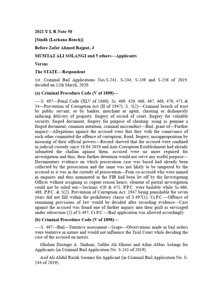 2021 Y L R Note 50 (Sindh (Larkana Bench) ) Before Zafar Ahmed Rajput ...