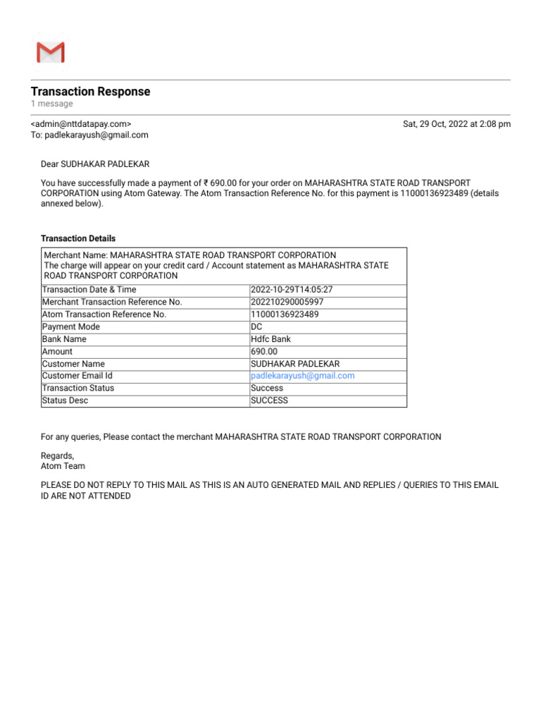 MSRTC Bus Payment Receipt | PDF | Computers | Technology & Engineering