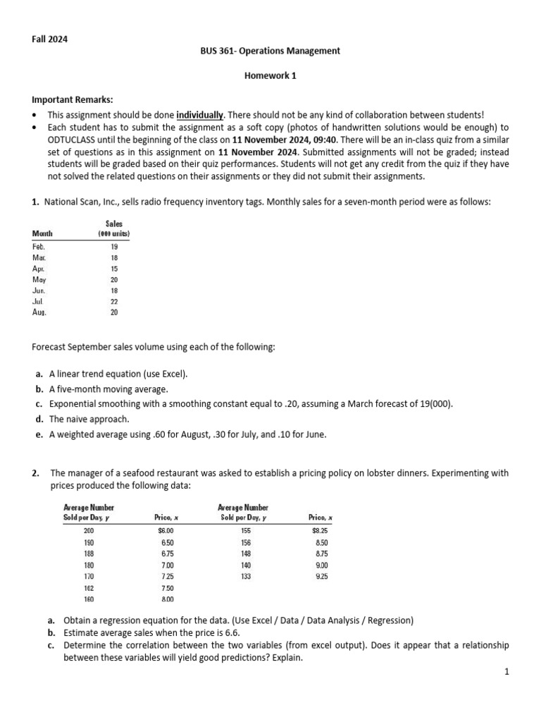 BUS 361-HW1-Fall2024 | PDF | Regression Analysis | Forecasting