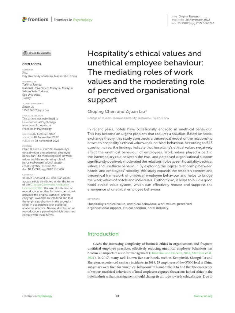Hospitality's Ethical Values and Unethical Employee Behaviour The ...