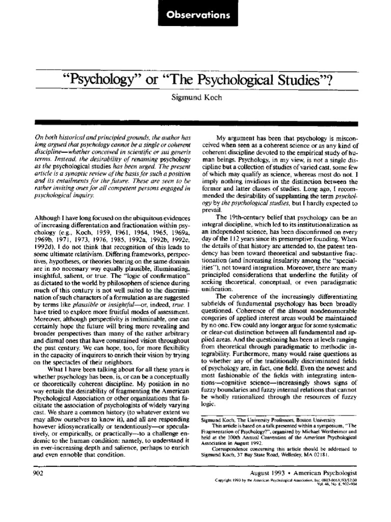 "Psychology" or "The Psychological Studies"?: Observations | PDF ...