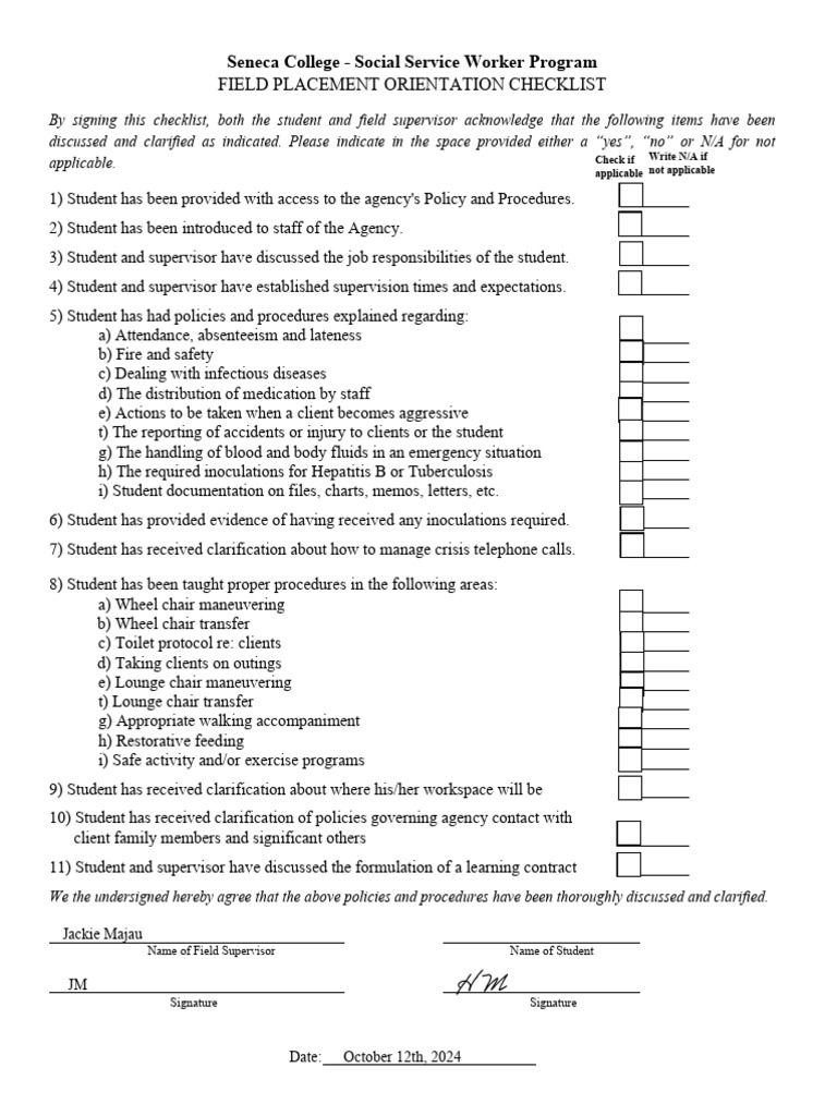 Fillable SSW Field Orientation Checklist | PDF | Medical Specialties ...