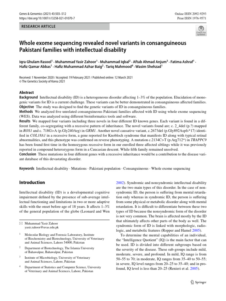 Whole Exome Sequencing Revealed Novel Variants in Consanguineous Pakistani Families With ...