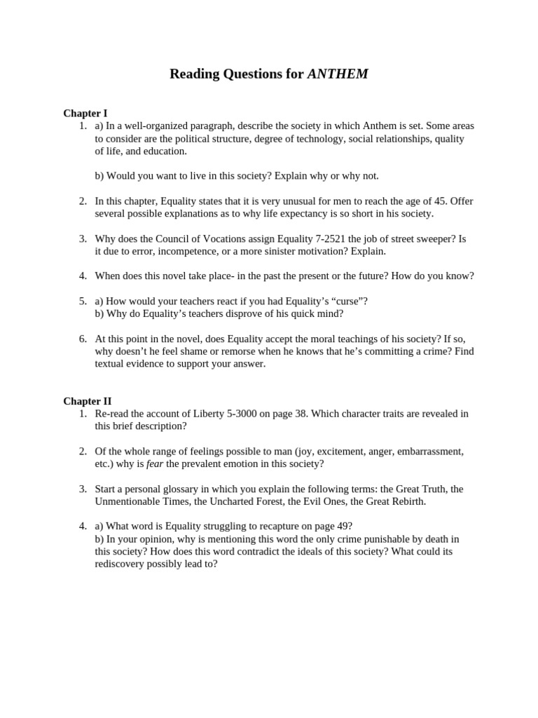 Joseph Alvarez - ANTHEM Reading Questions | PDF | Philosophy