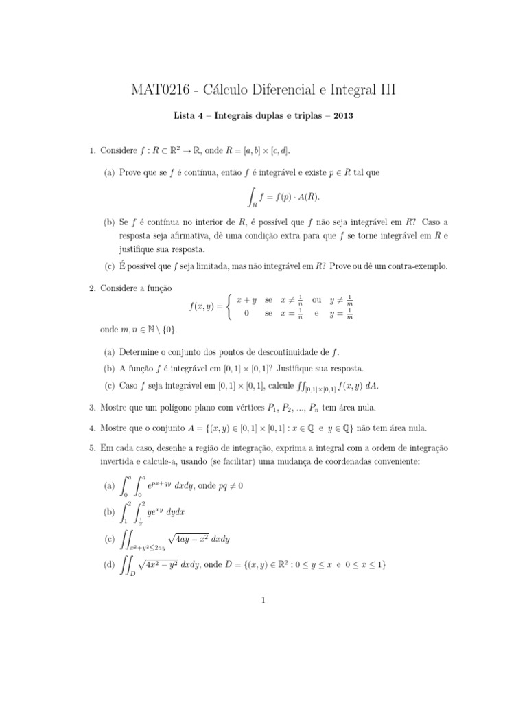 Integrais Duplas e Triplas: Exercícios e Teoremas | PDF | Integrante ...