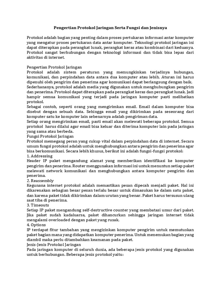 Pengertian Protokol Jaringan Serta Fungsi Dan Jenisnya | PDF