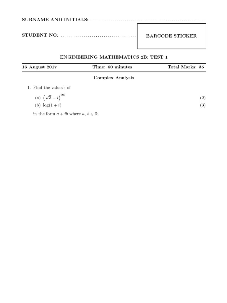 Test 1 2017 | PDF | Holomorphic Function | Complex Analysis