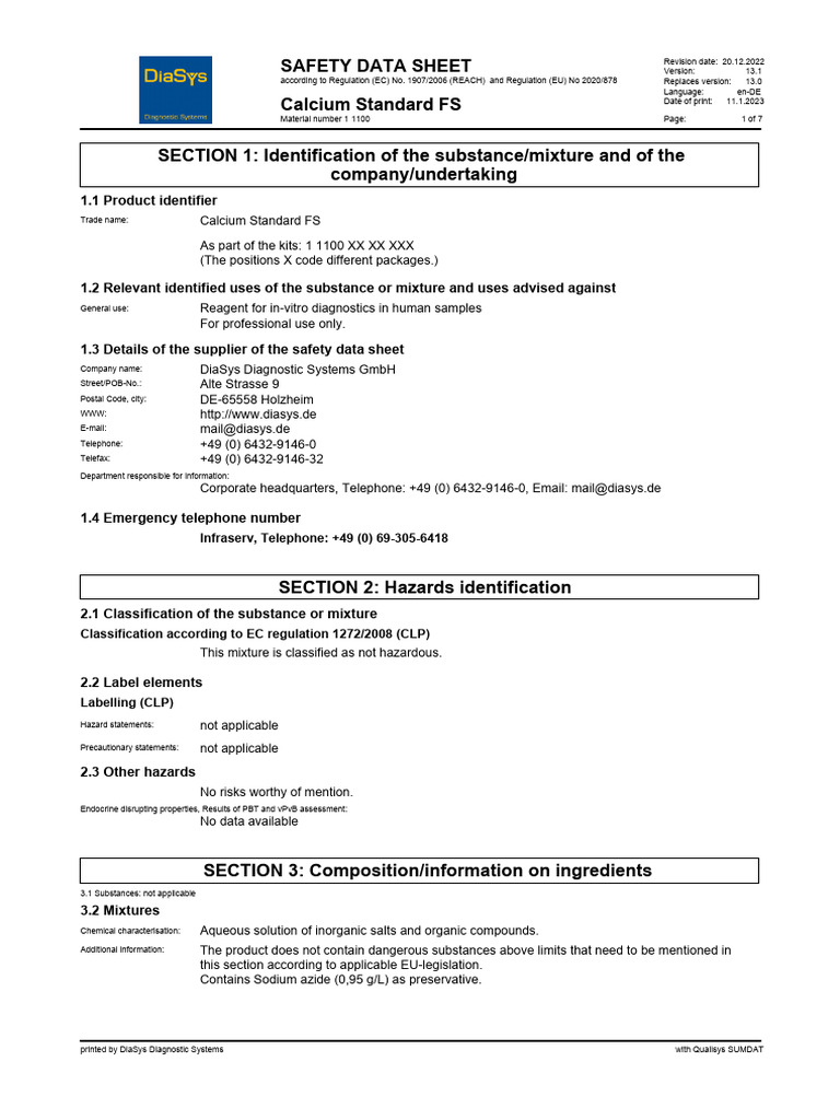 Calcium - Standard - FS en DE 13 1 | PDF | Dangerous Goods | Chemistry
