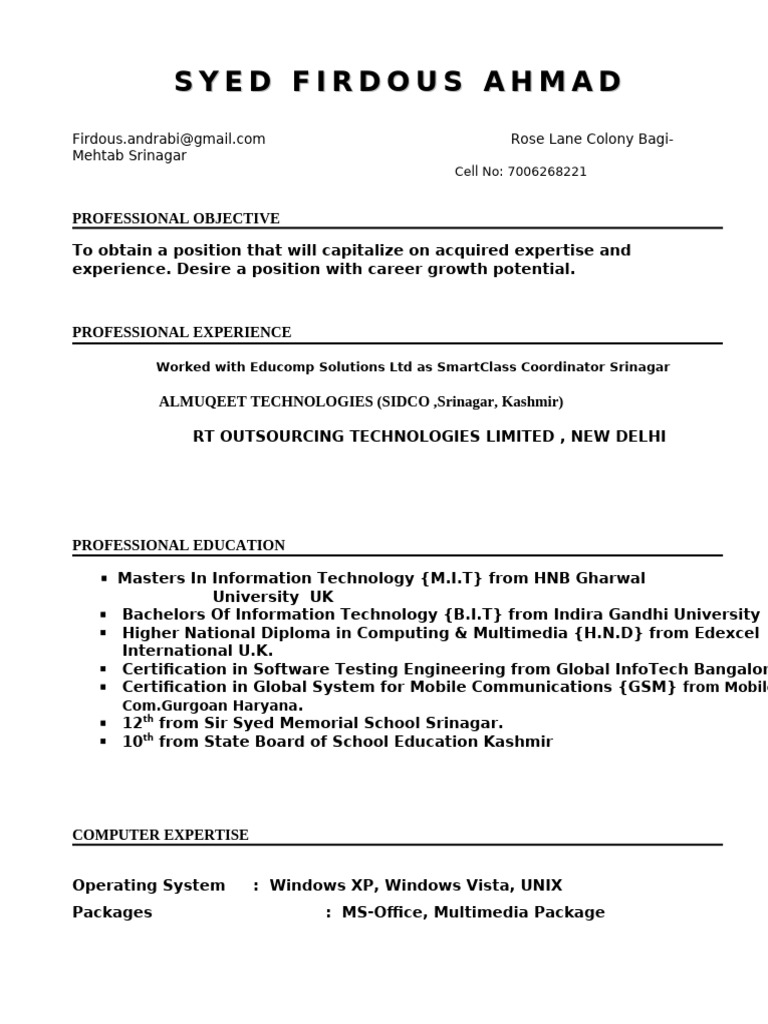 Firdous Ahmad's Professional Resume | PDF
