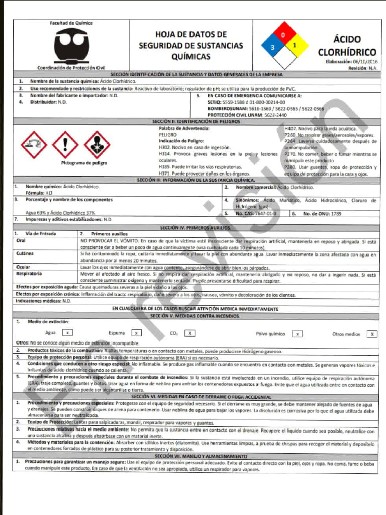 Hoja de Seguridad de Ácido Clorhídrico (HCL) | PDF | Ácido clorhídrico | Agua