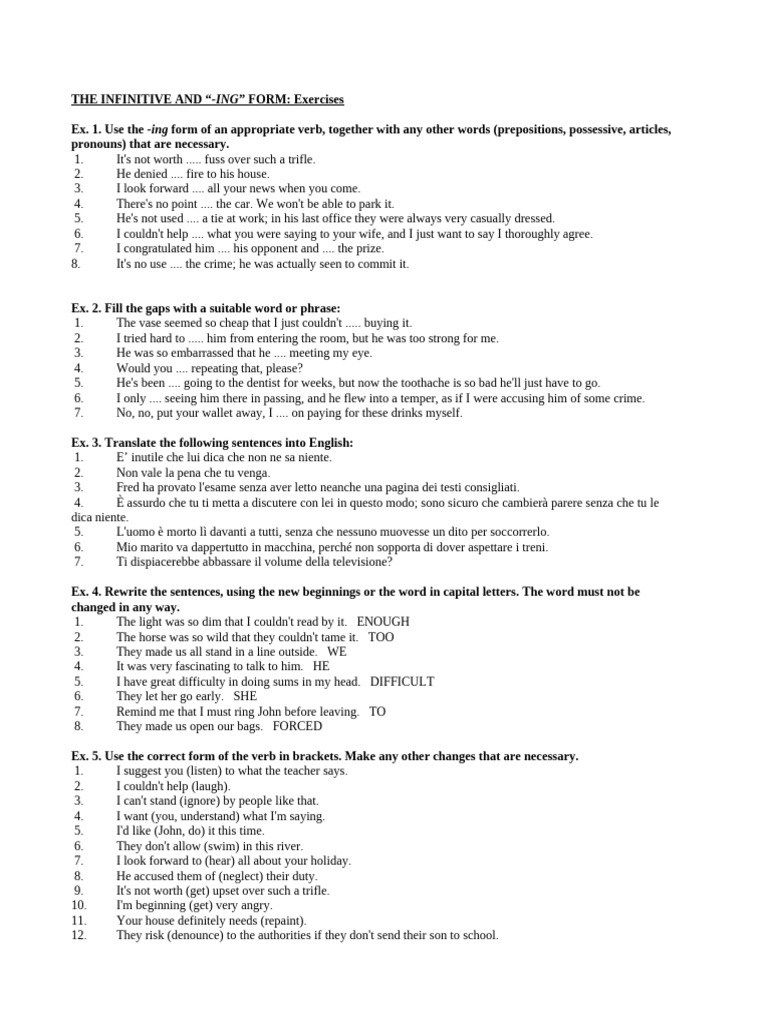 08.b.infinitive and - Ing Forms - Exercises | PDF | Grammar ...
