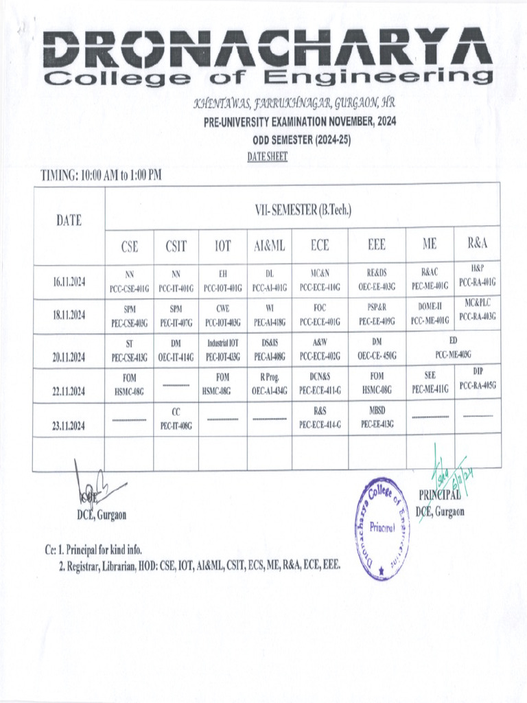 B Tech 7th Semester Pre University Date Sheet 07112024 | PDF