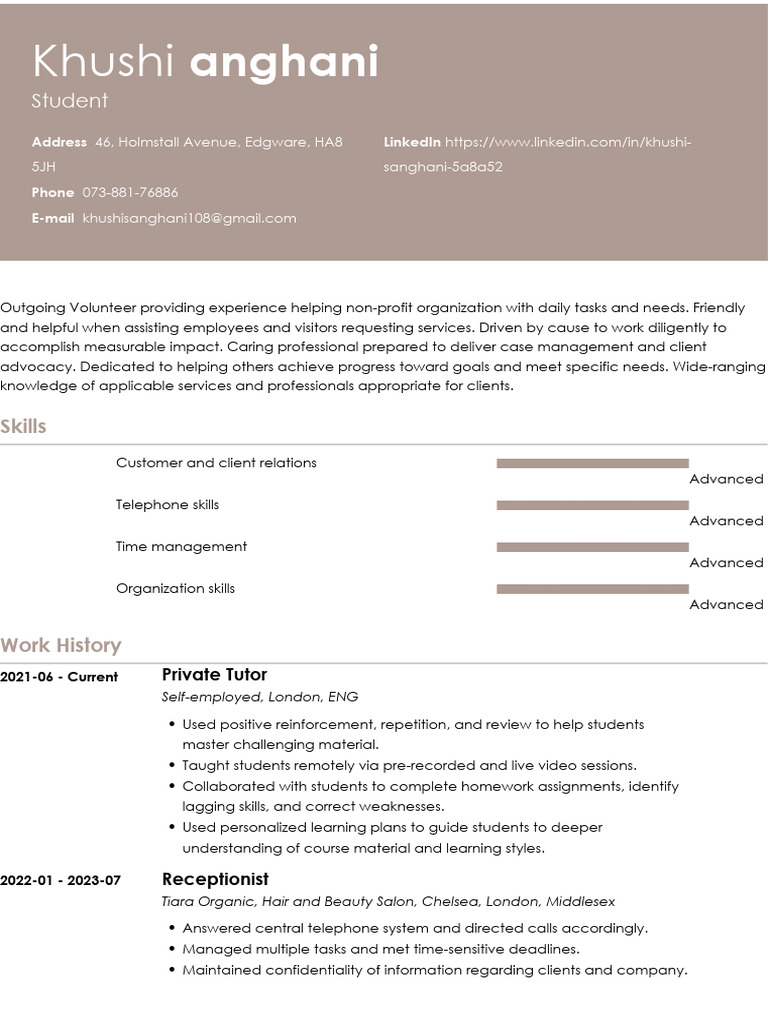 Khushi Sanghani CV | PDF | Career & Growth | Business