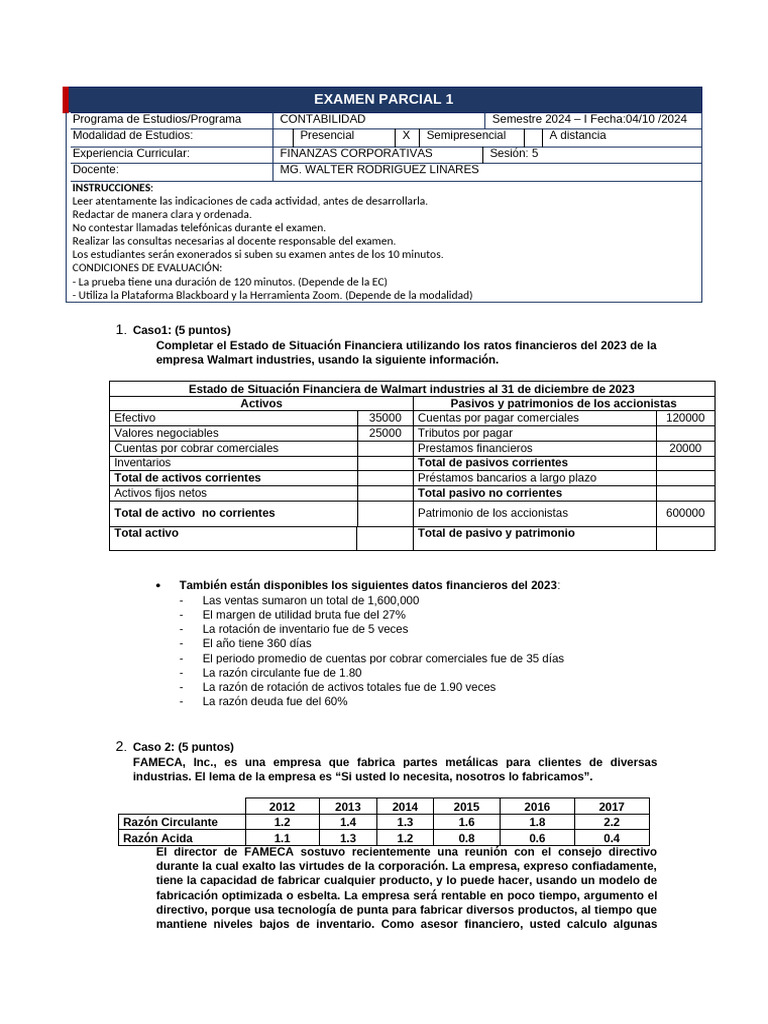 Examen Parcial de Finanzas Corporativas 2024 | PDF | Negocios ...