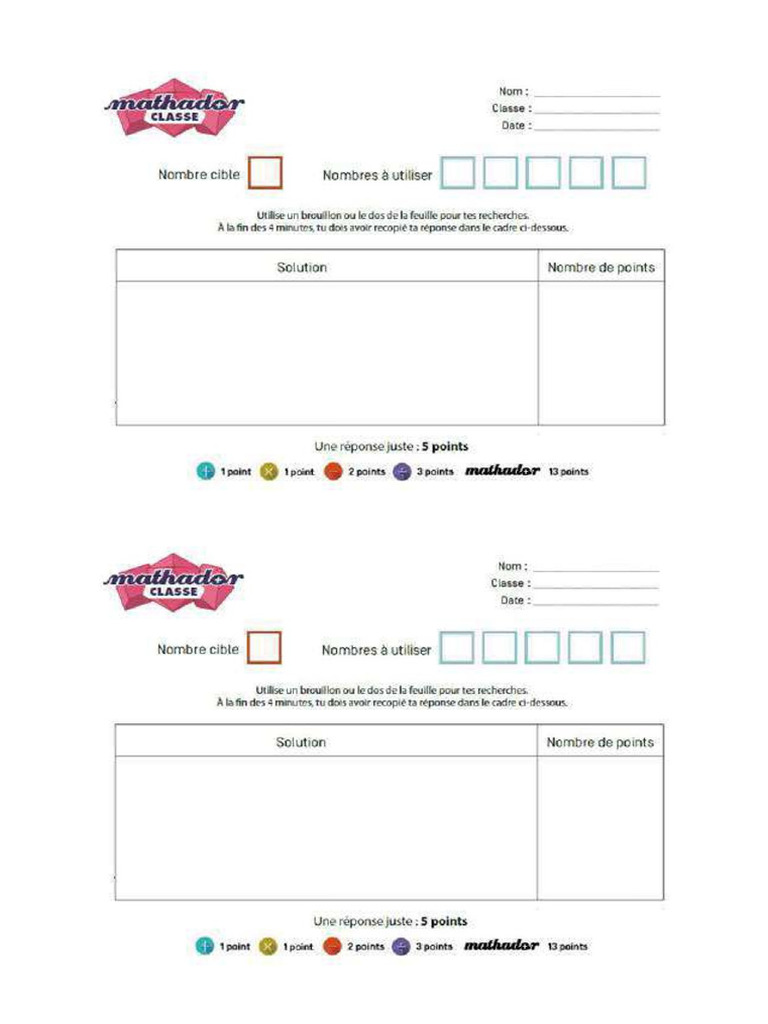Fiche Mathador | PDF