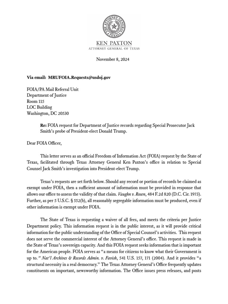 FOIA Request For Department of Justice Records Regarding Special ...