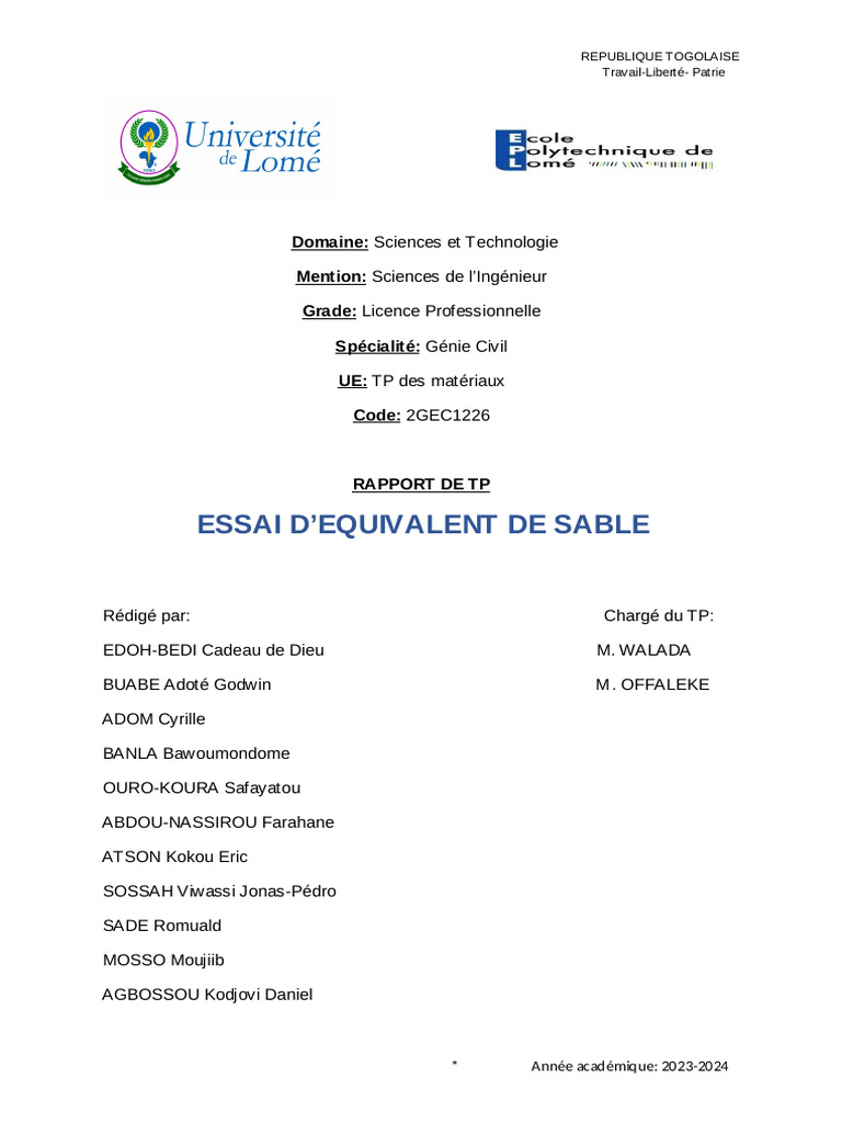 Essai d'Équivalent de Sable en Génie Civil | PDF | Matériaux | Génie ...