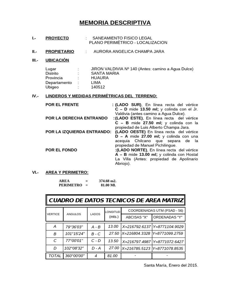 Memoria Descriptiva Aurora Angelica Champa Jara | PDF