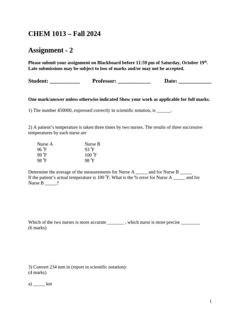 Assignment 2 CHEM-1013 - F24 | PDF | Significant Figures