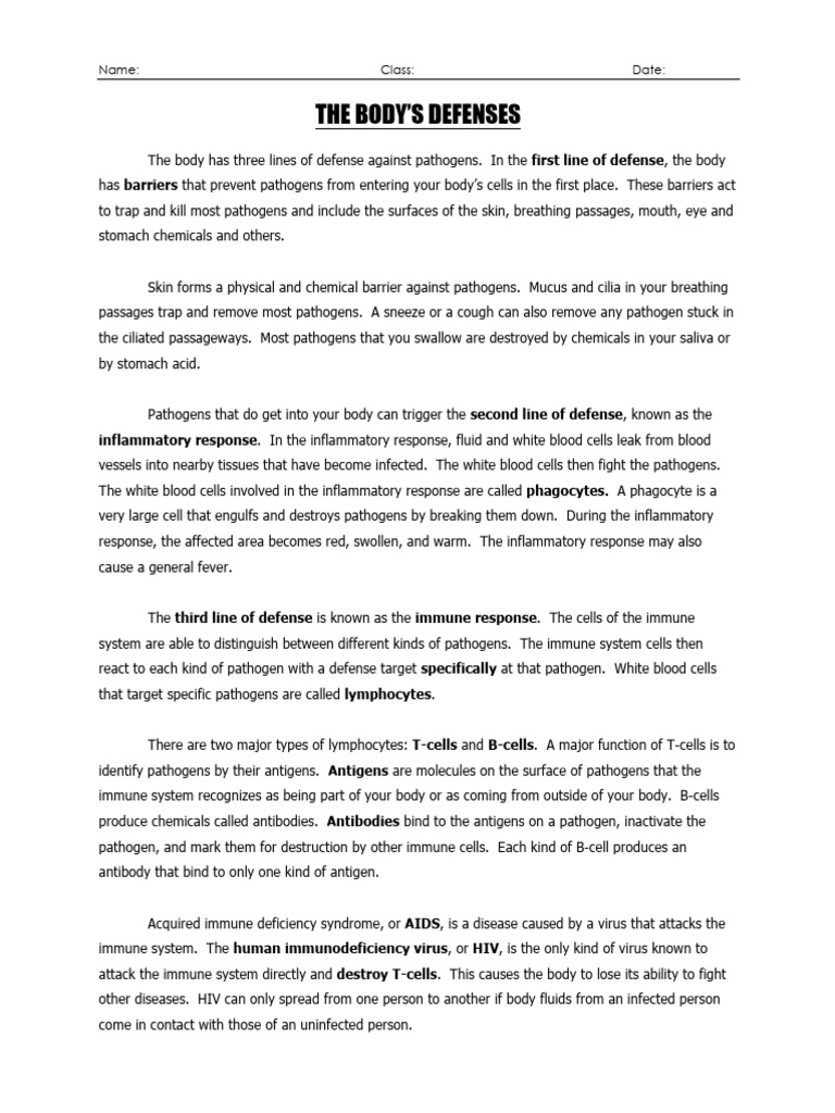 Body Defense System Worksheet | PDF | Immune System | Inflammation