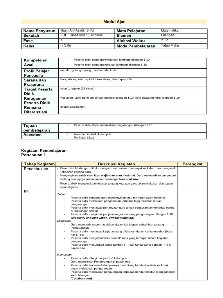 Modul Ajar Pengurangan Kelas 1 SD | PDF