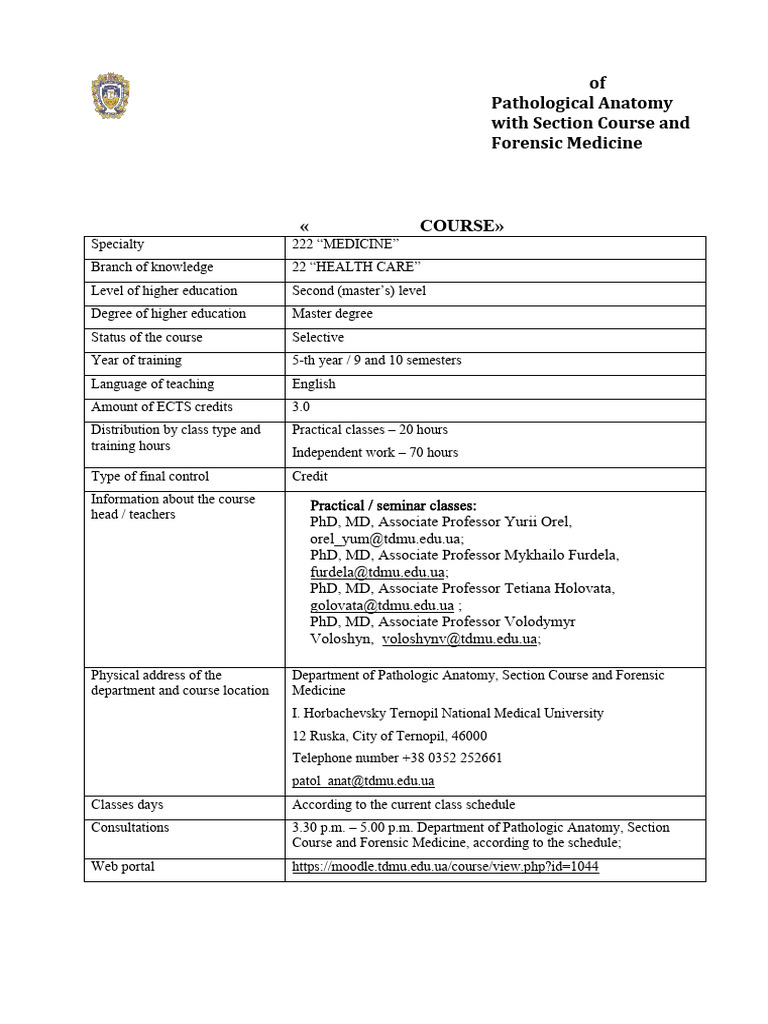 Sectional Course Syllabus for Medicine | PDF | Pathology | Autopsy