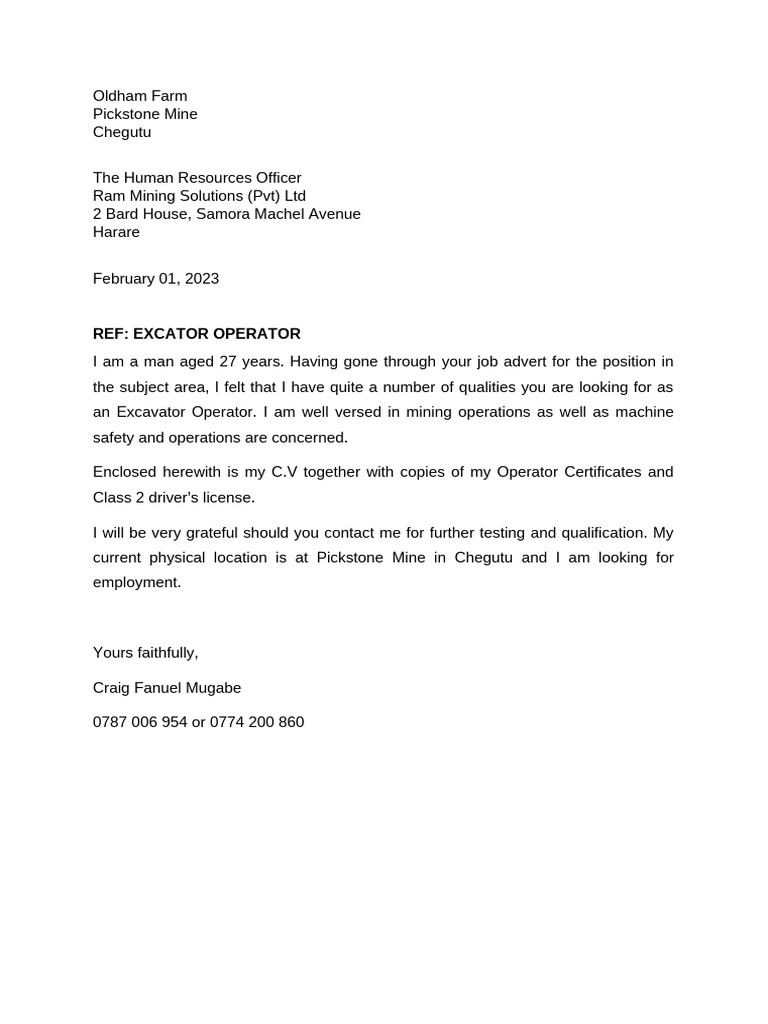 Excavator Operator Application Letter | PDF
