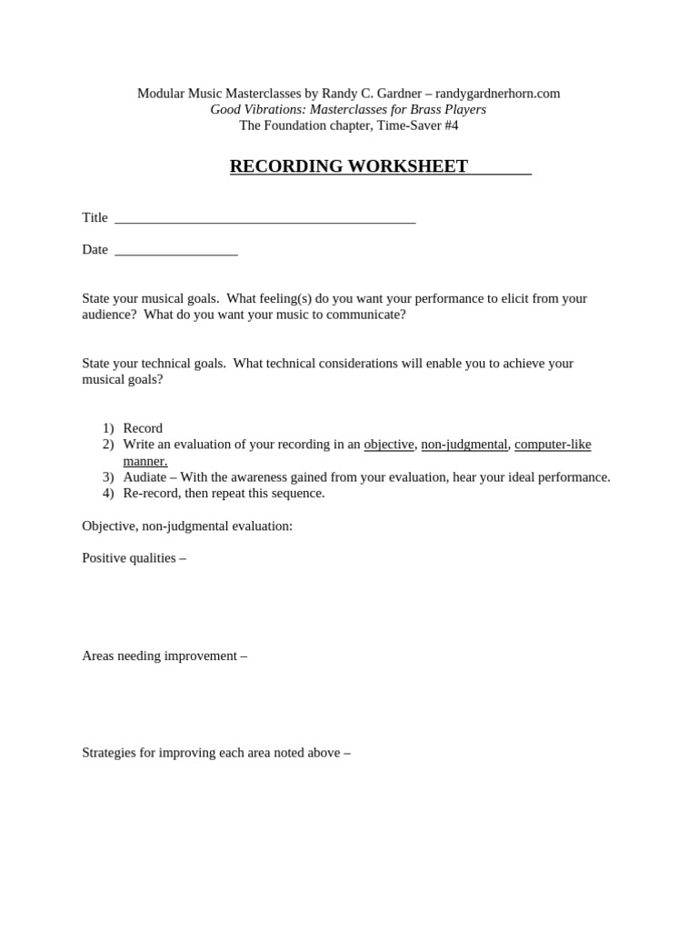 Recording Worksheet - Modular Music Masterclasses | PDF