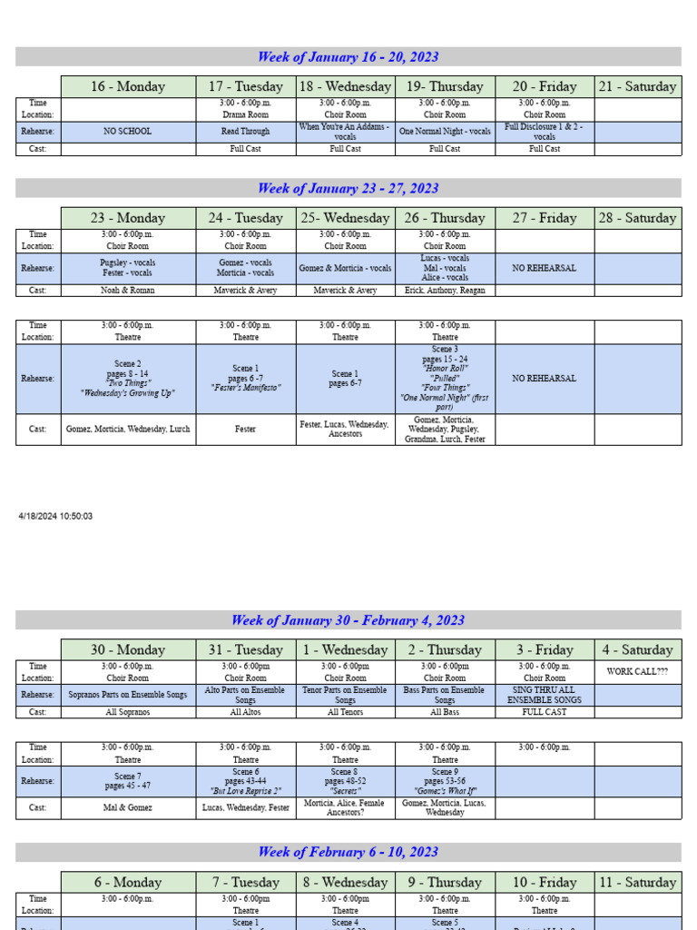 Addams Family Musical Rehearsal Schedule | PDF