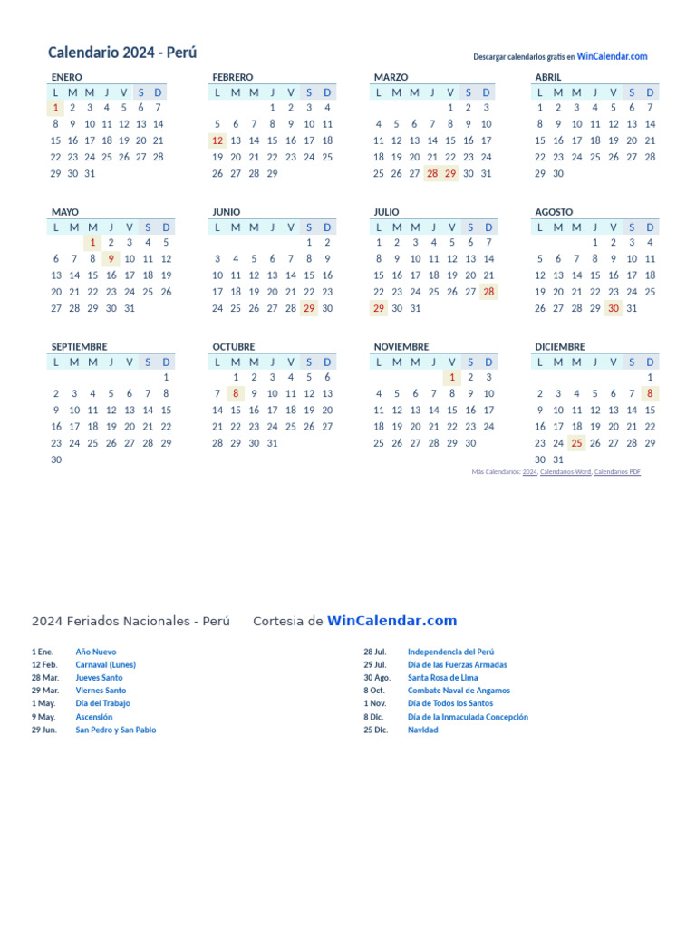 Calendario Perú 2024 con Feriados | PDF | Calendario