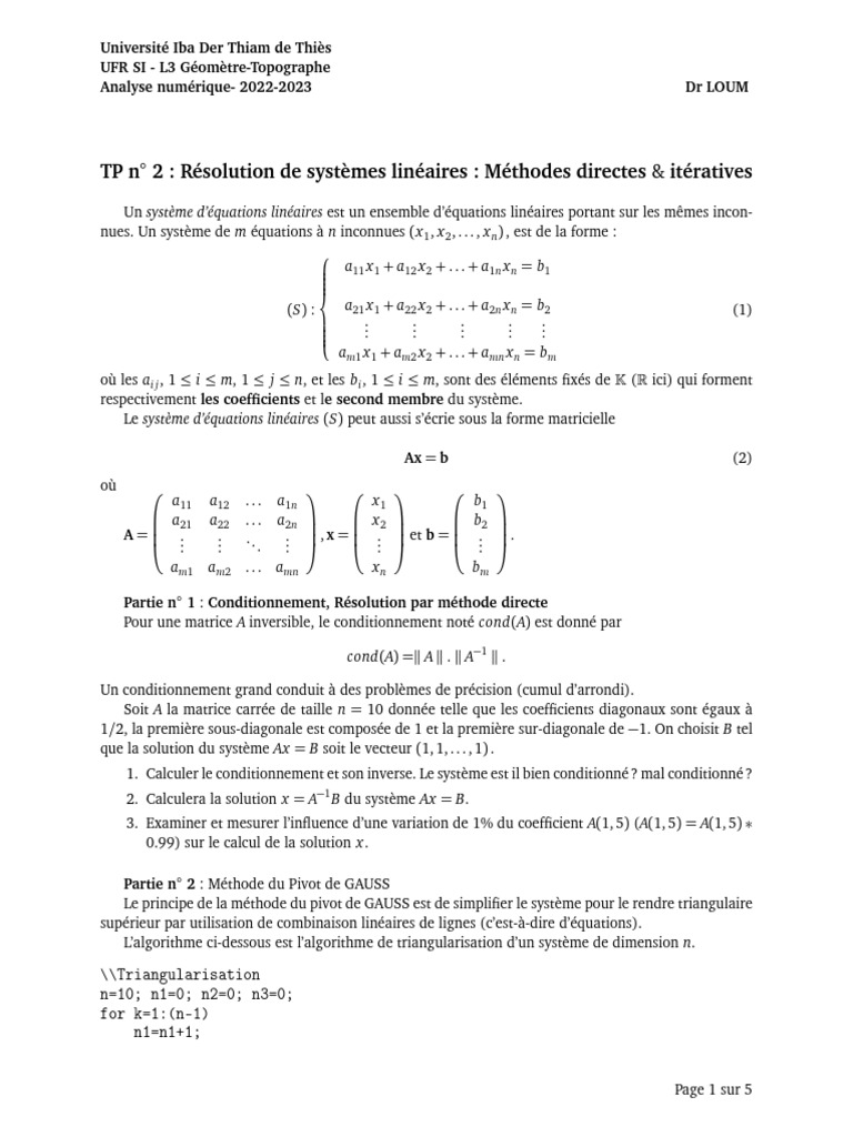 Scilab Ennonce TP2 2022 2023 | PDF | Analyse numérique | Algèbre