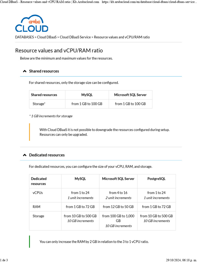 Cloud DBaaS - Resource Values and VCPU - RAM Ratio | PDF | My Sql | Data