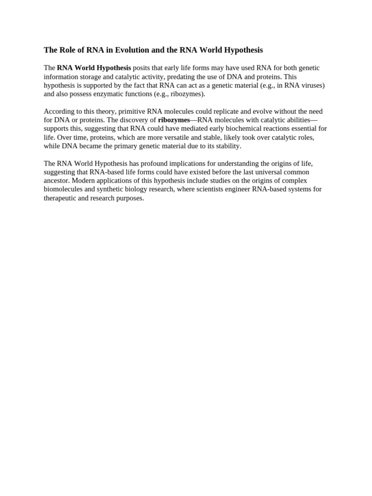 The Role of RNA in Evolution and The RNA World Hypothesis | PDF