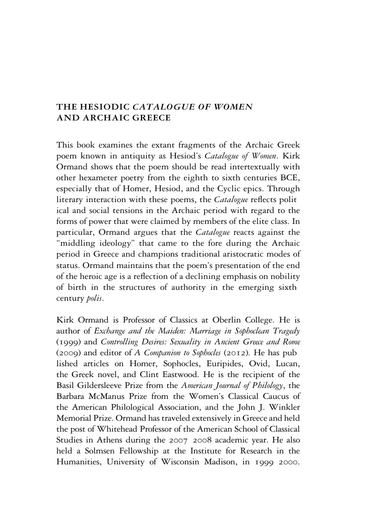 Kirk Ormand - The Hesiodic Catalogue of Women and Archaic Greece ...
