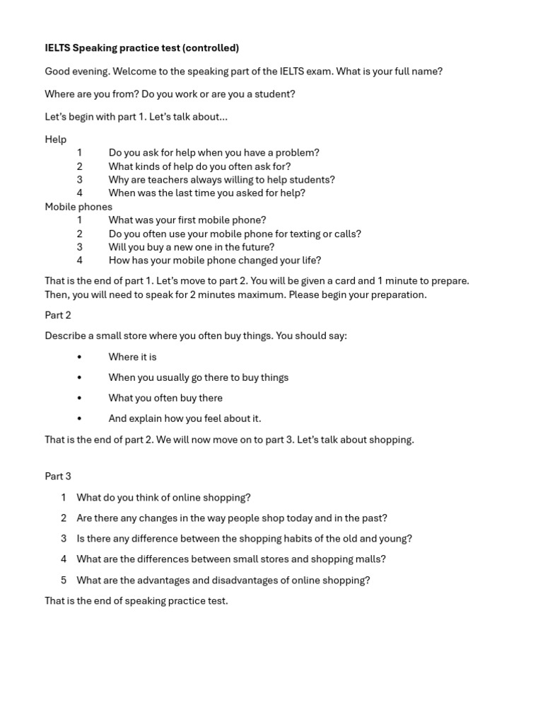 IELTS Speaking Practice Test Controlled | PDF | Career & Growth
