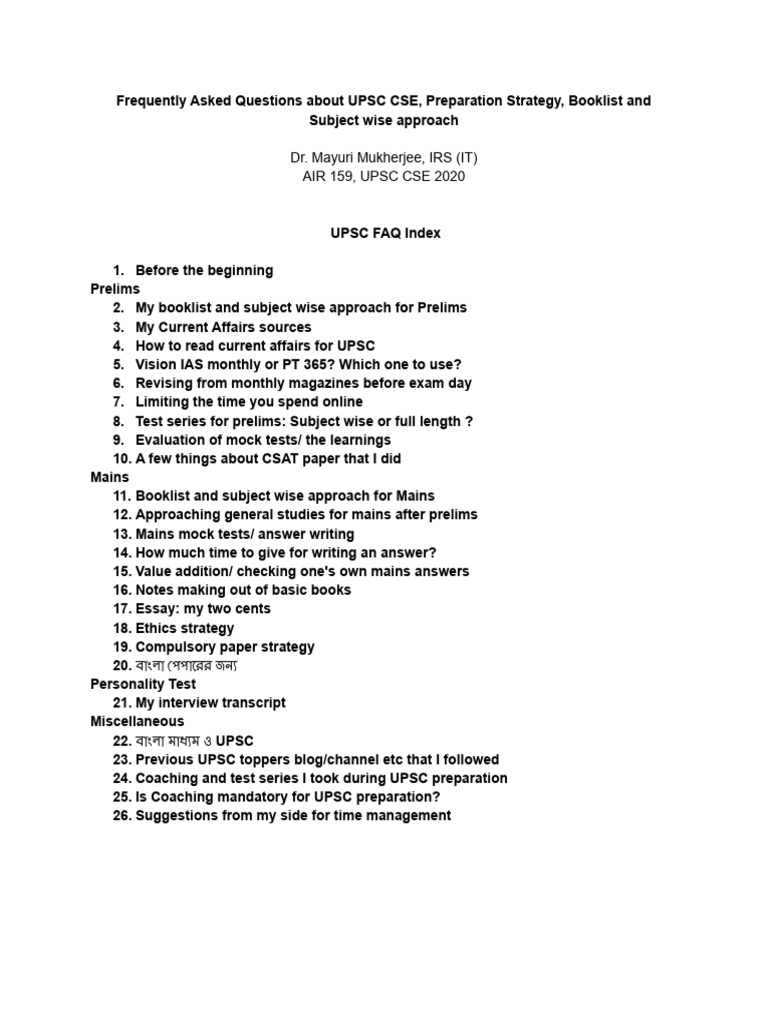 FAQs About UPSC CSE, Preparation Strategy, Booklist and Subject Wise ...