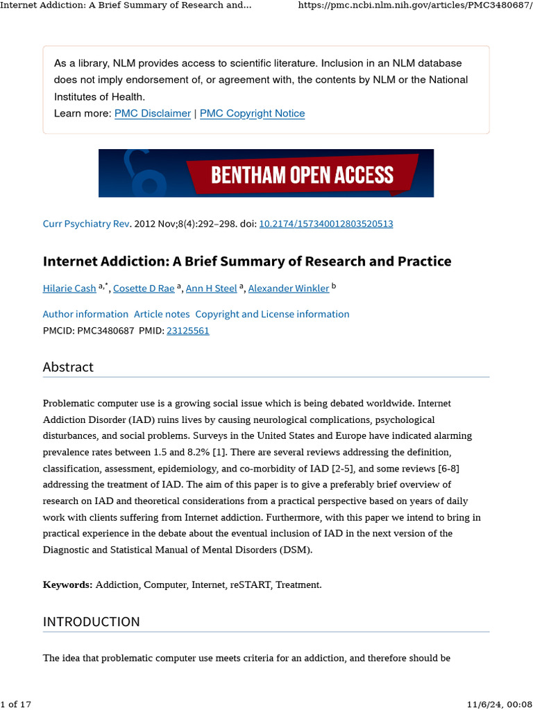 Internet Addiction - A Brief Summary of Research and Practice - PMC ...