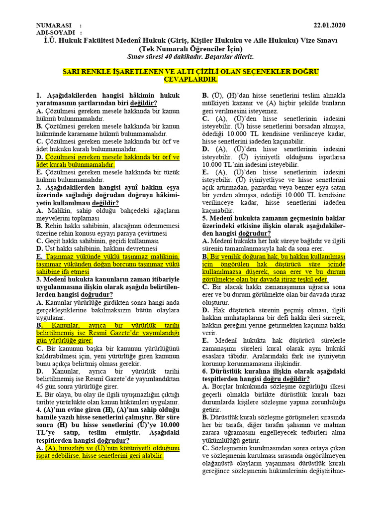 Medeni Hukuk Giris Kisiler Hukuku Vize Sinavi Cevap Anahtari Tek Numarali Ogrenciler | PDF