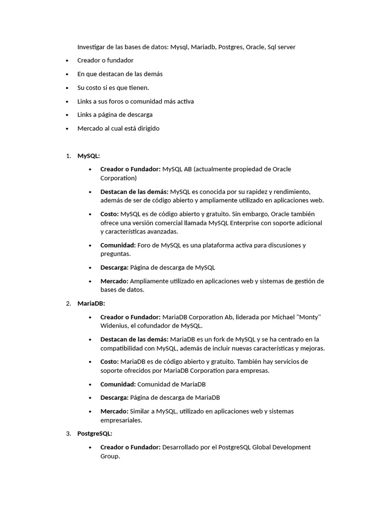 Investigar de Las Bases de Datos | PDF | Mi sql | Servidor SQL de Microsoft