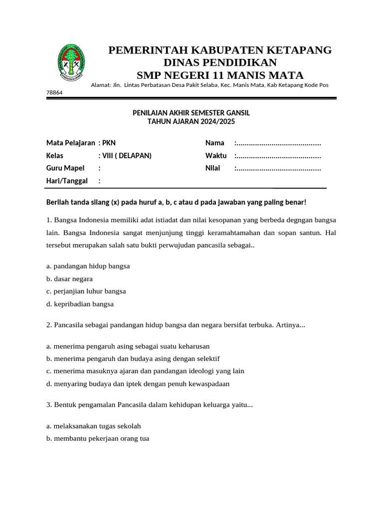 Soal Ulangan PKN Kelas 8 | PDF