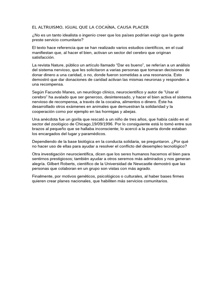 Altruismo y su impacto en el cerebro | PDF