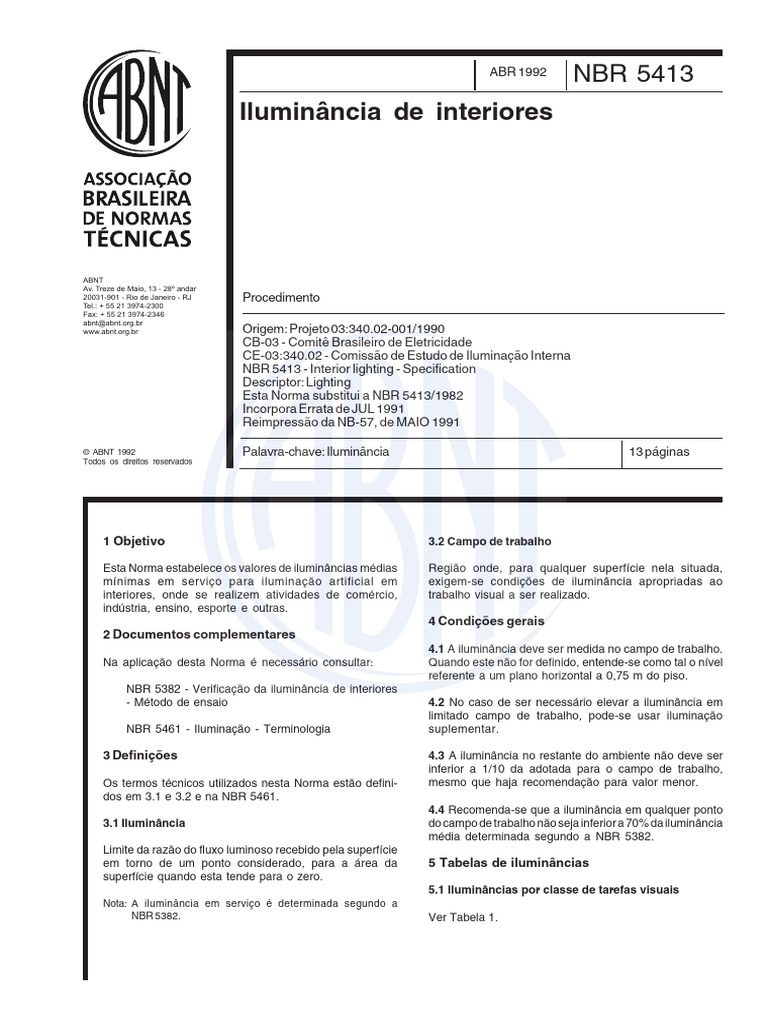Iluminância Mínima em Interiores NBR 5413 | PDF