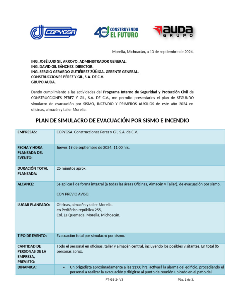 FT-GS-24 V3 Plan de Simulacro de Evacuación Por Sismo Incendio Primeros Auxilios 19sep2024 | PDF