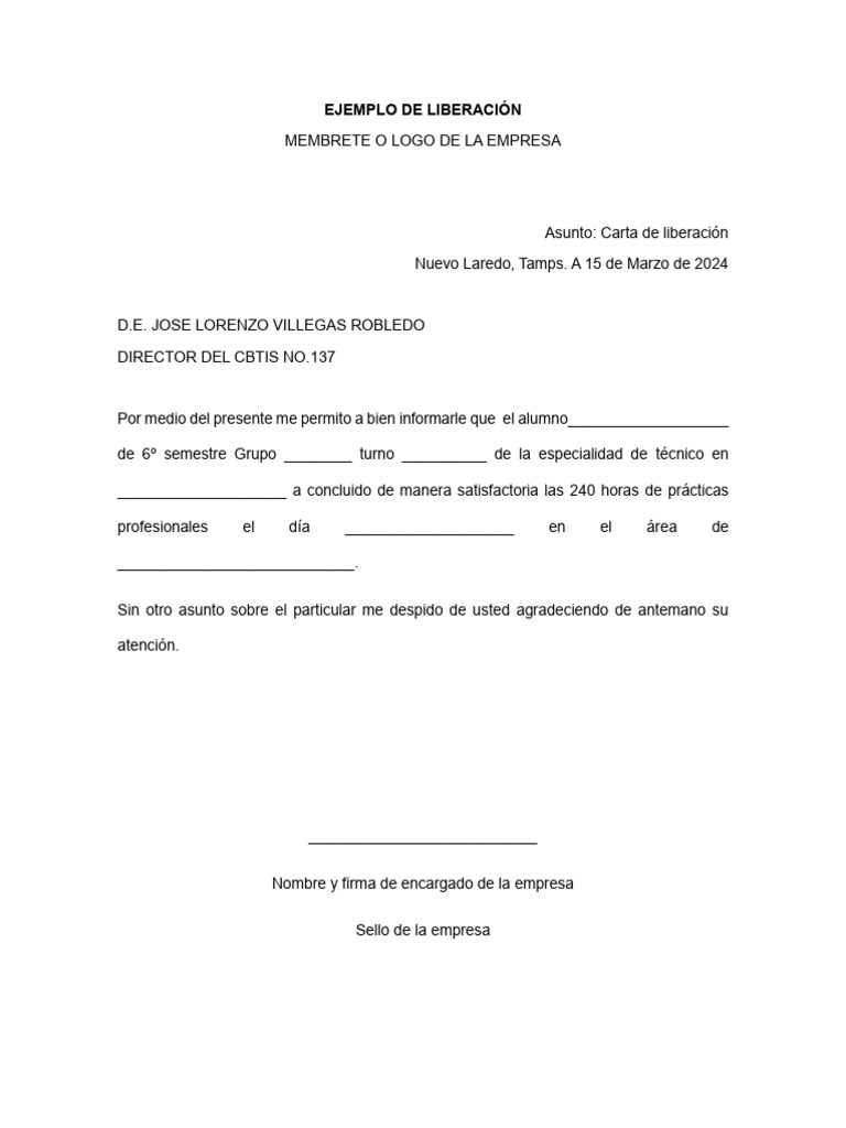 Ejemplo de Carta de Liberacion | PDF