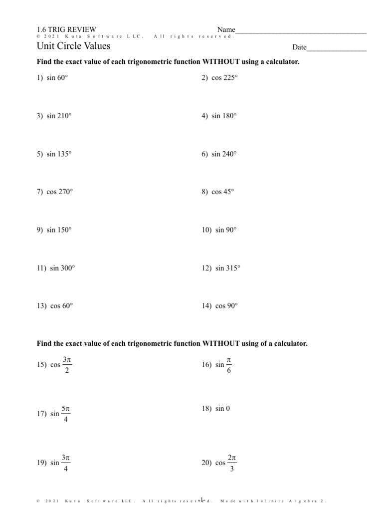 Trigonometric Functions Worksheet | PDF | Trigonometry | Mathematical ...