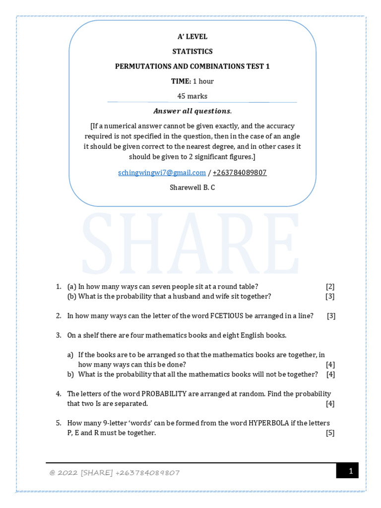 Test 1 Permutations And Combinations Statistics Share Pdf Mathematics