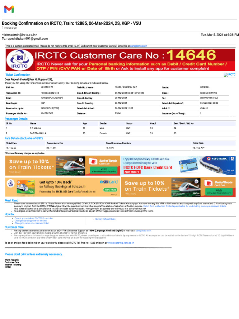 Gmail - Booking Confirmation On IRCTC, Train - 12885, 06-Mar-2024, 2S ...