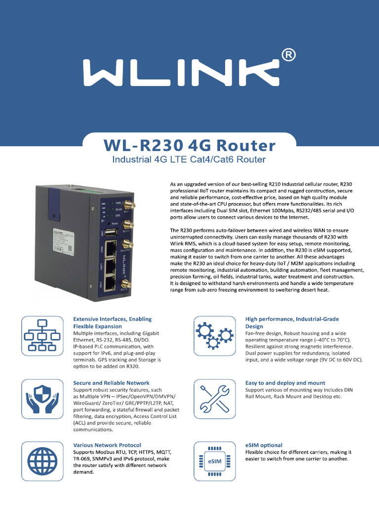 WLINK - WL-R230 4G Router Datasheet | PDF